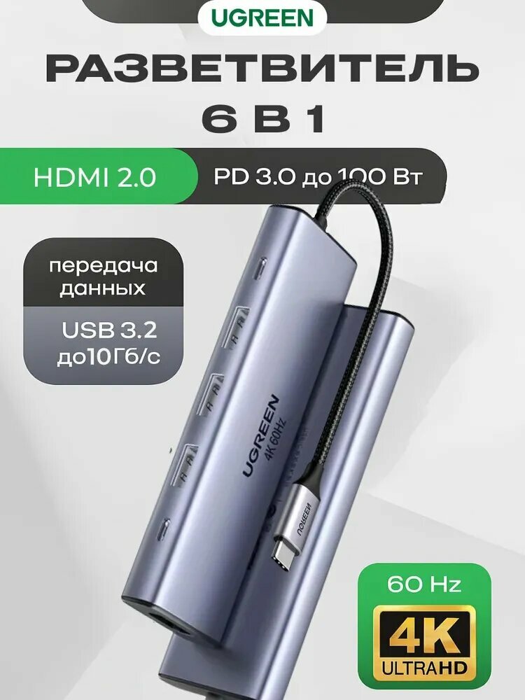 USB HUB с Type-C UGREEN CM511 6-in-1 (45031), 4K HDMI, USB-C 3.2 10 Gbps, PD 100W , HUB Разветвитель