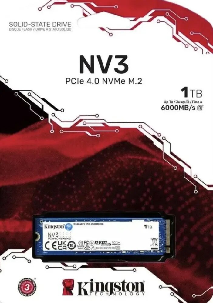 Kingston 1 ТБ Внутренний SSD-диск SSD, M.2, PCI-E 4.0 16 Гбит/с (NV3 M.2 PCI-E 4.0 (SNV3S/1000GCN))