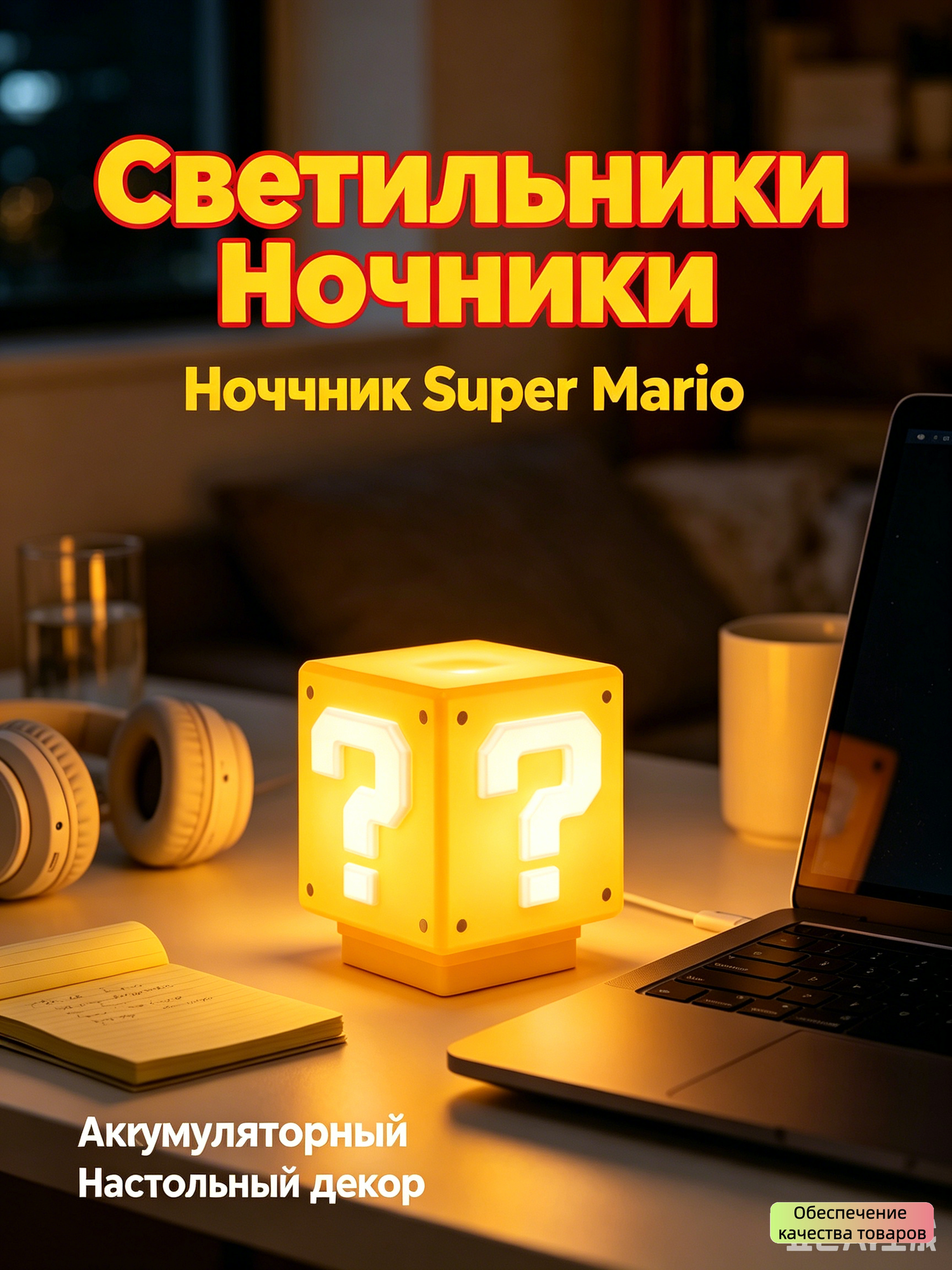 Ночник "Super Mario", для детской, на кроватку, теплый свет, механический выключатель