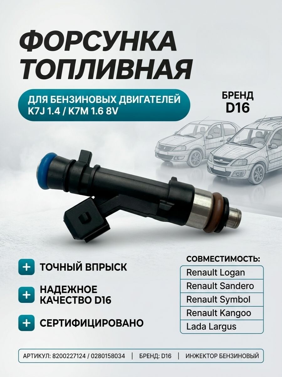 Форсунка топливная бензиновая для Renault Logan, Sandero, Symbol, Kangoo, Lada Largus (двигатели K7J 1.4 / K7M 1.6 8V), инжектор, артикул 8200227124 / 0280158034, бренд D16