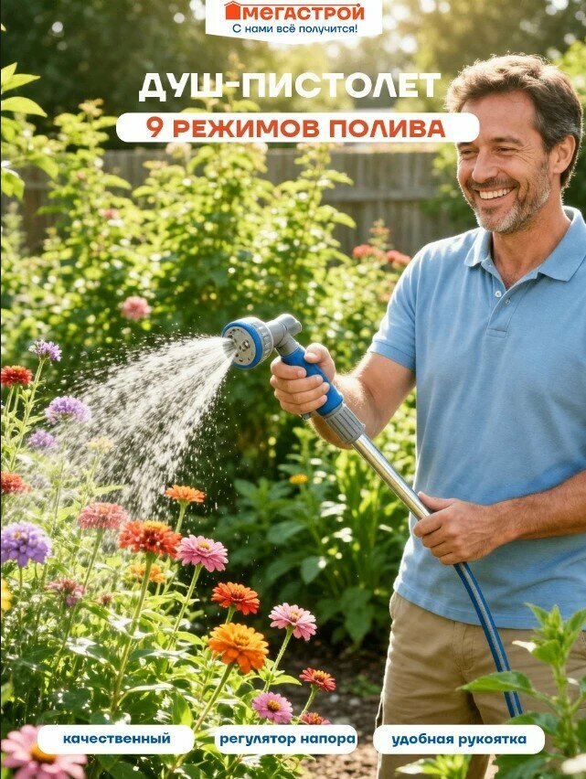 Душ-пистолет душ садовый для дачи 9 режимов полива с телескопической ручкой