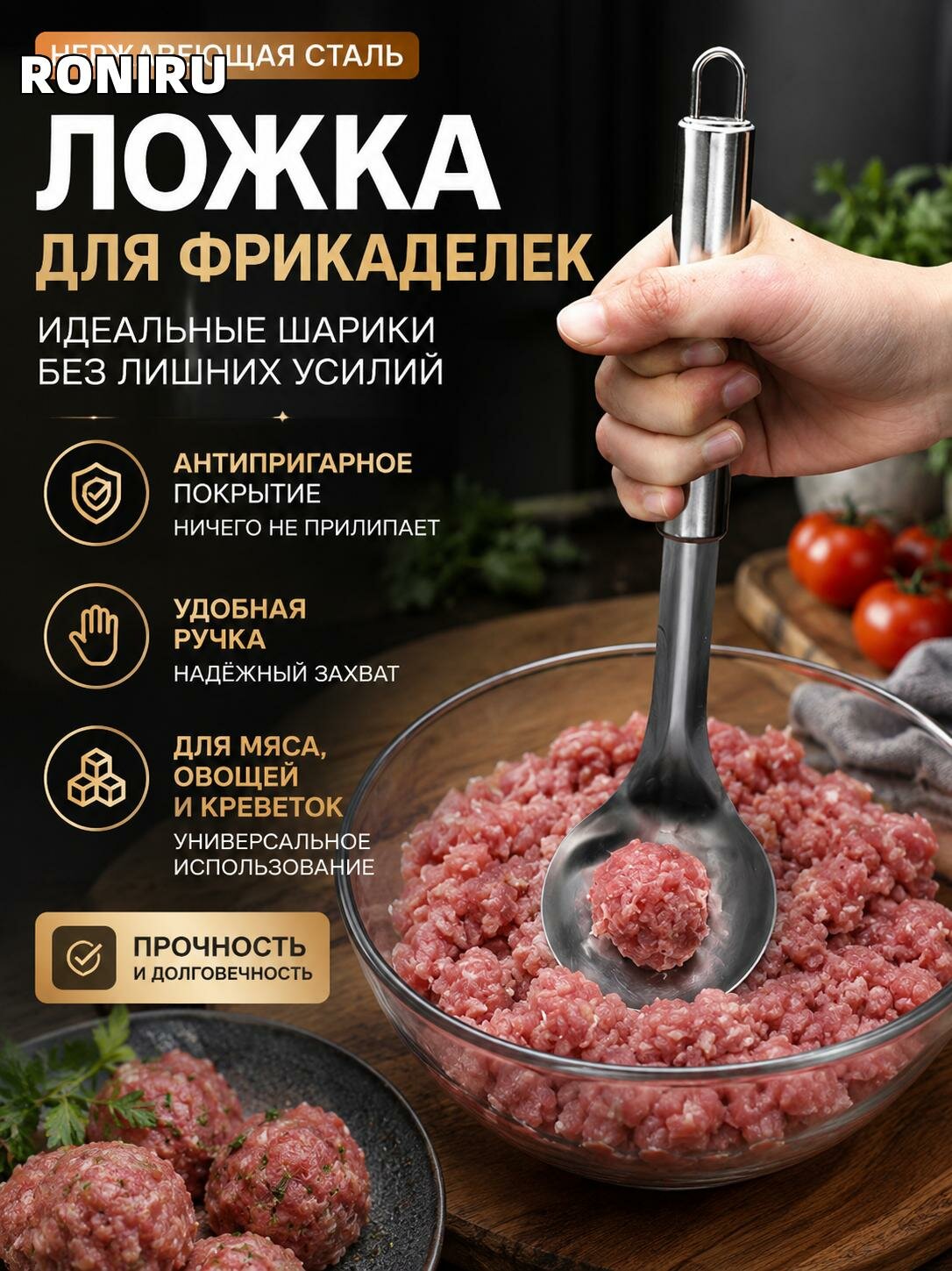 Ложка для фрикаделек из нержавеющей стали с антипригарным покрытием, удобный совок для мяса, овощей и креветок