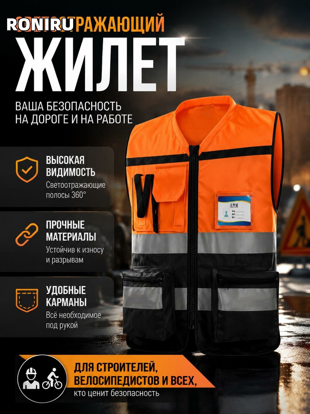 Светоотражающий жилет с прочными лентами для безопасности на дороге и при работе — для строителей и велосипедистов