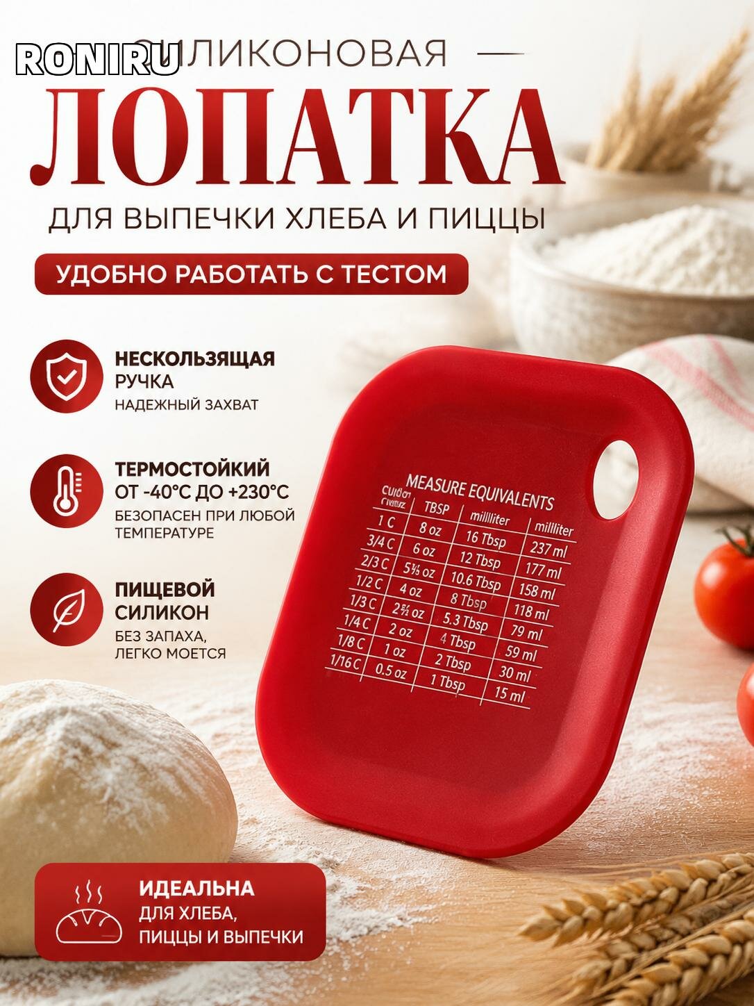 Силиконовая лопатка для выпечки хлеба и пиццы с нескользящей ручкой, удобная и практичная для работы с тестом.