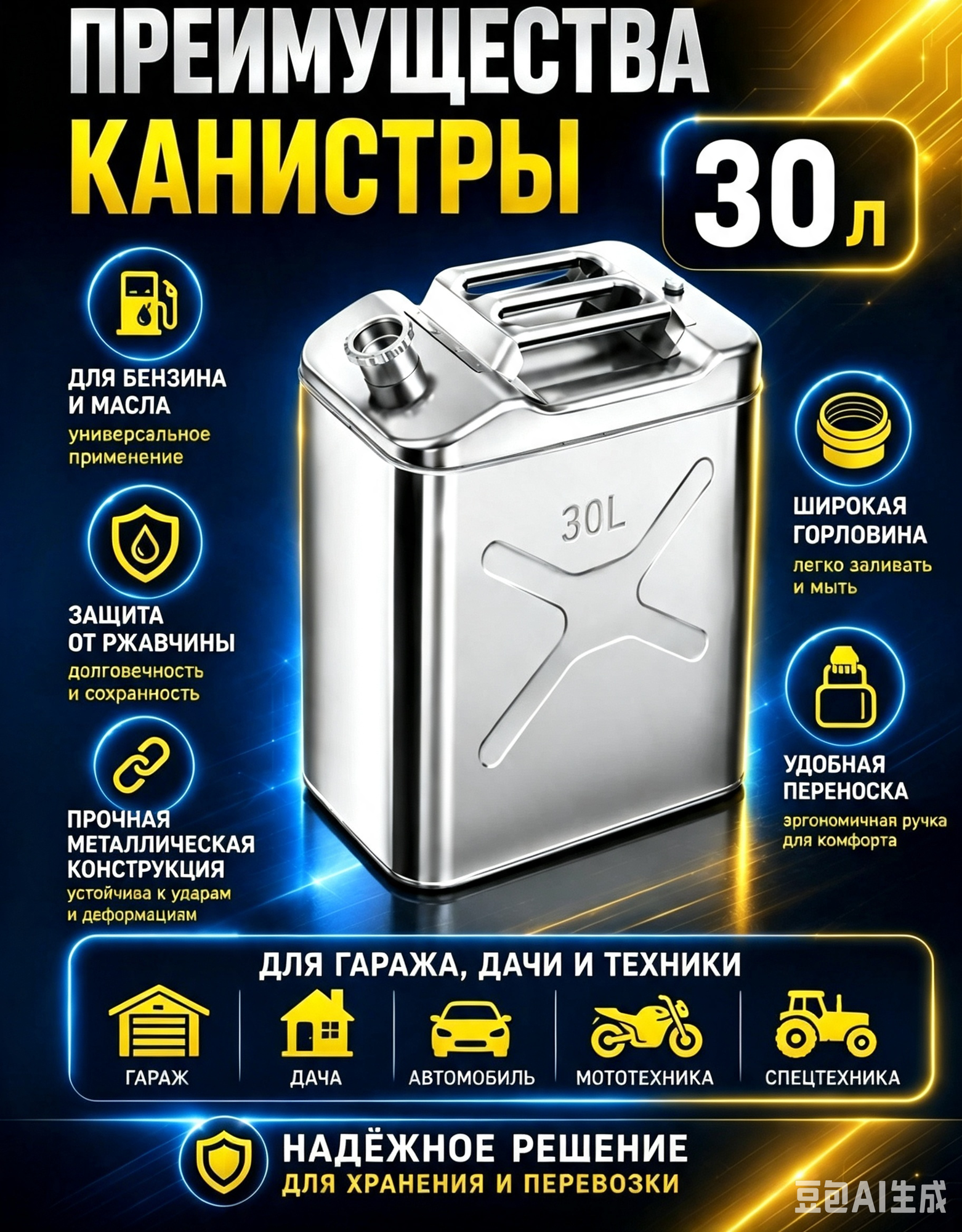 Канистра для бензина 30л, металлическая, герметичная, для хранения и перевозки ГСМ в багажнике