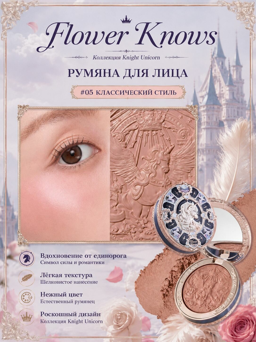 Румяна Flower Knows Knight Unicorn, пудровые тени для щек с эффектом сияния, серия Unicorn