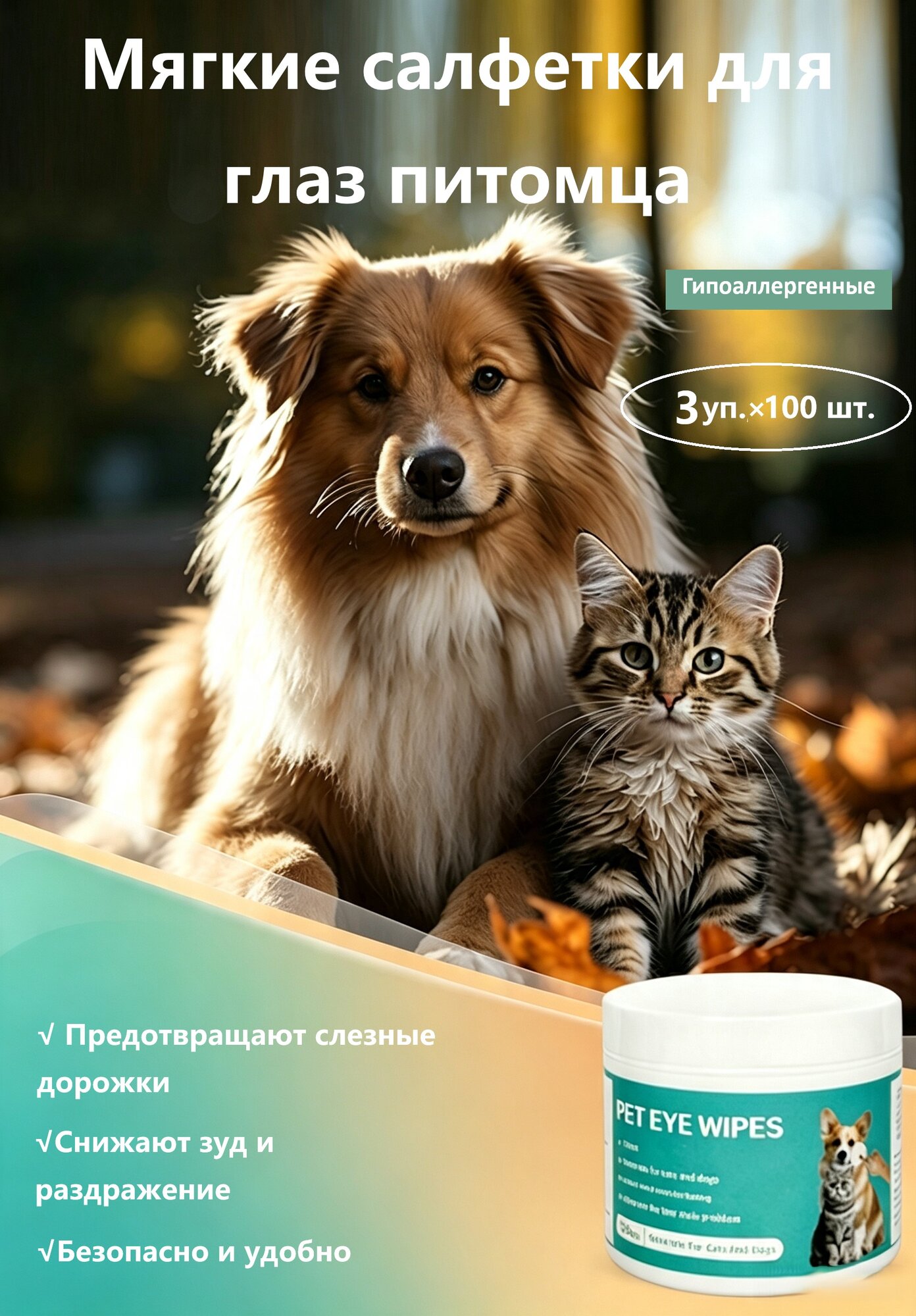 Влажные салфетки для глаз кошек и собак — гипоаллергенные, для чувствительных глаз (3уп. по 100 шт.)