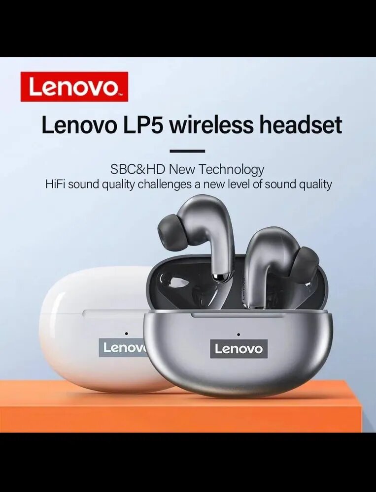 Lenovo Наушники беспроводные с микрофоном, Bluetooth, черный