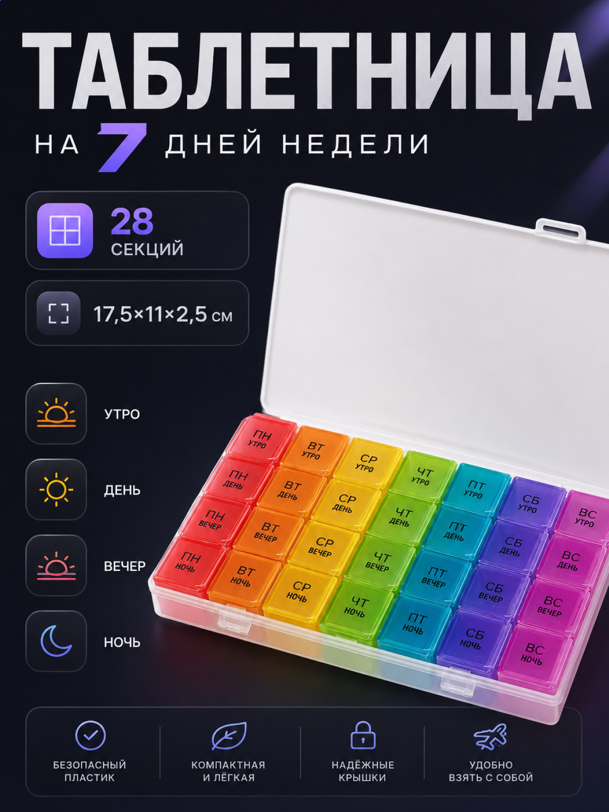 Таблетница "Большая"на неделю по 4 приема в день, 28 секций, 17,5х11х2,5 см