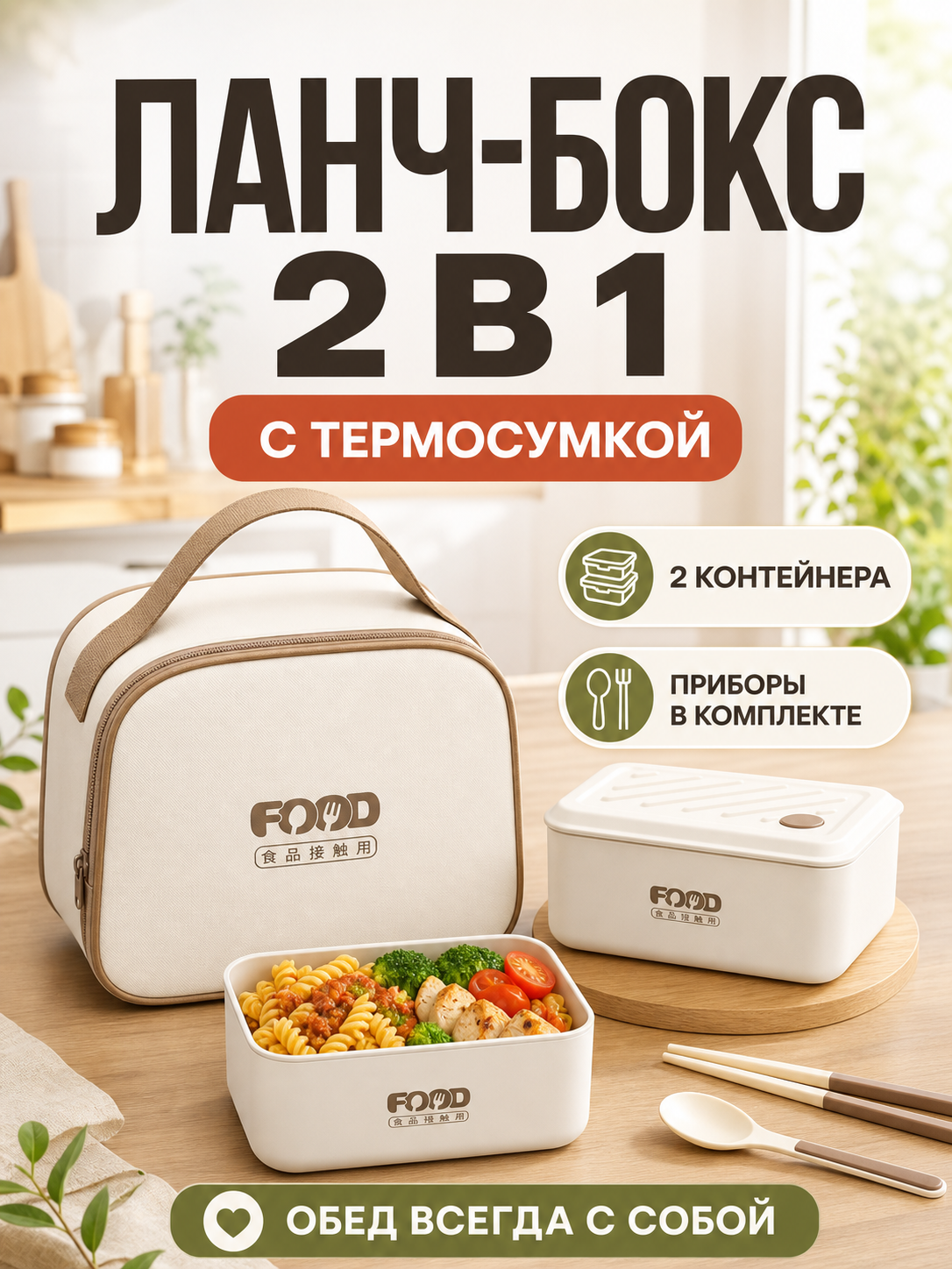 Ланч-бокс с термосумкой и приборами, 2 герметичных контейнера для еды со съёмными вкладышами, 500 мл