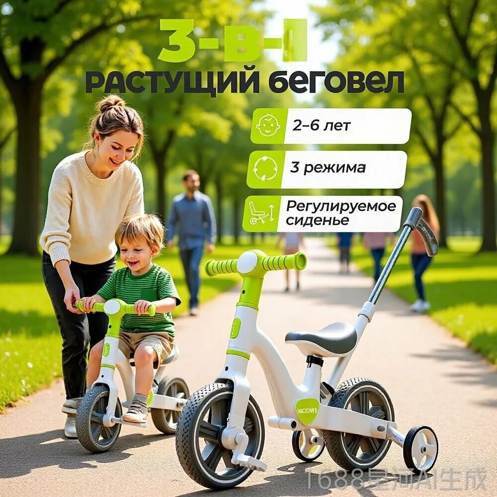 Беговел 3 в 1 с родительской ручкой, детский трехколесный велосипед-трансформер для детей от 2 до 6 лет