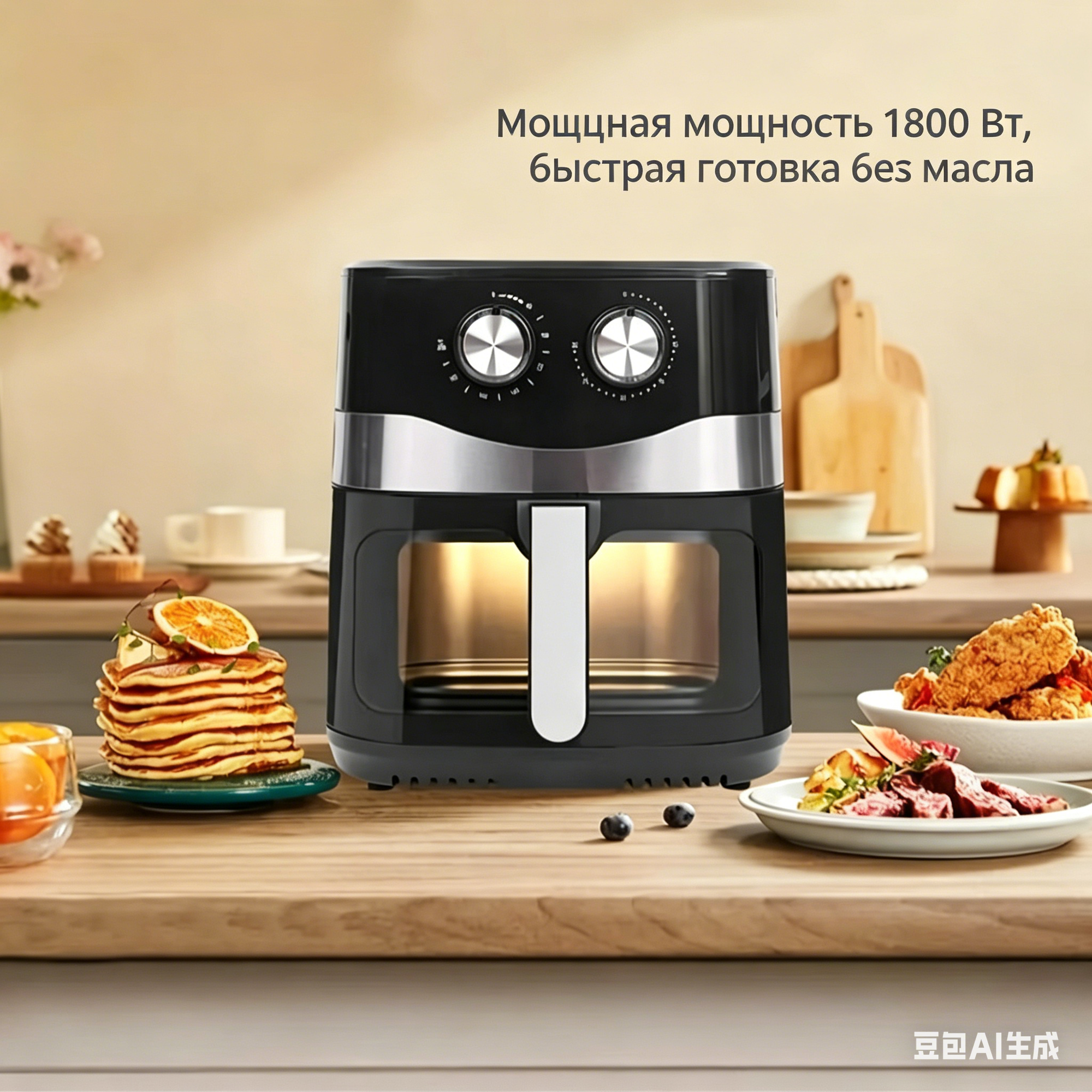Аэрофритюрница 10,5 л, черная, с ручками, из нержавеющей стали, с видимым окном.