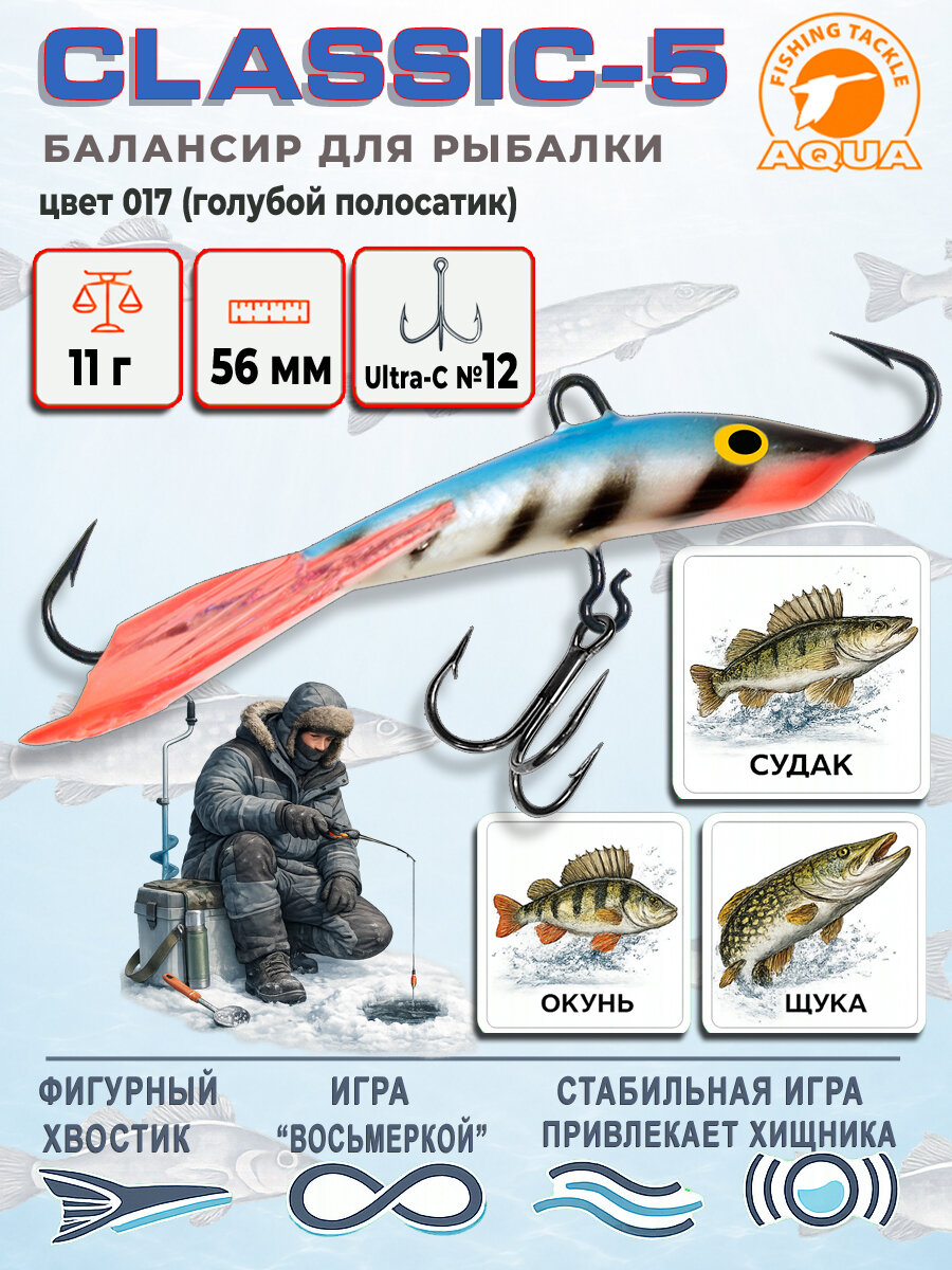 Балансир AQUA CLASSIC-5 56,0mm, вес - 11,0g, цвет 017 (голубой полосатик)
