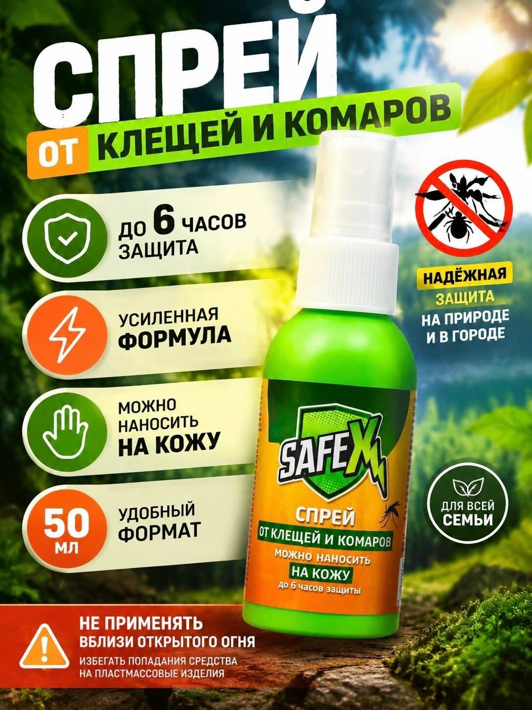 Спрей от комаров на кожу 50мл / защита от москитов / репеллент средство от насекомых защита от комаров спрей от москитов репеллент от насекомых