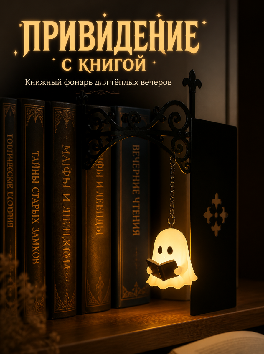 Декоративный светильник в книжный шкаф 23.5х22.5х3 см, металлический ночник привидение с книгой 1 шт