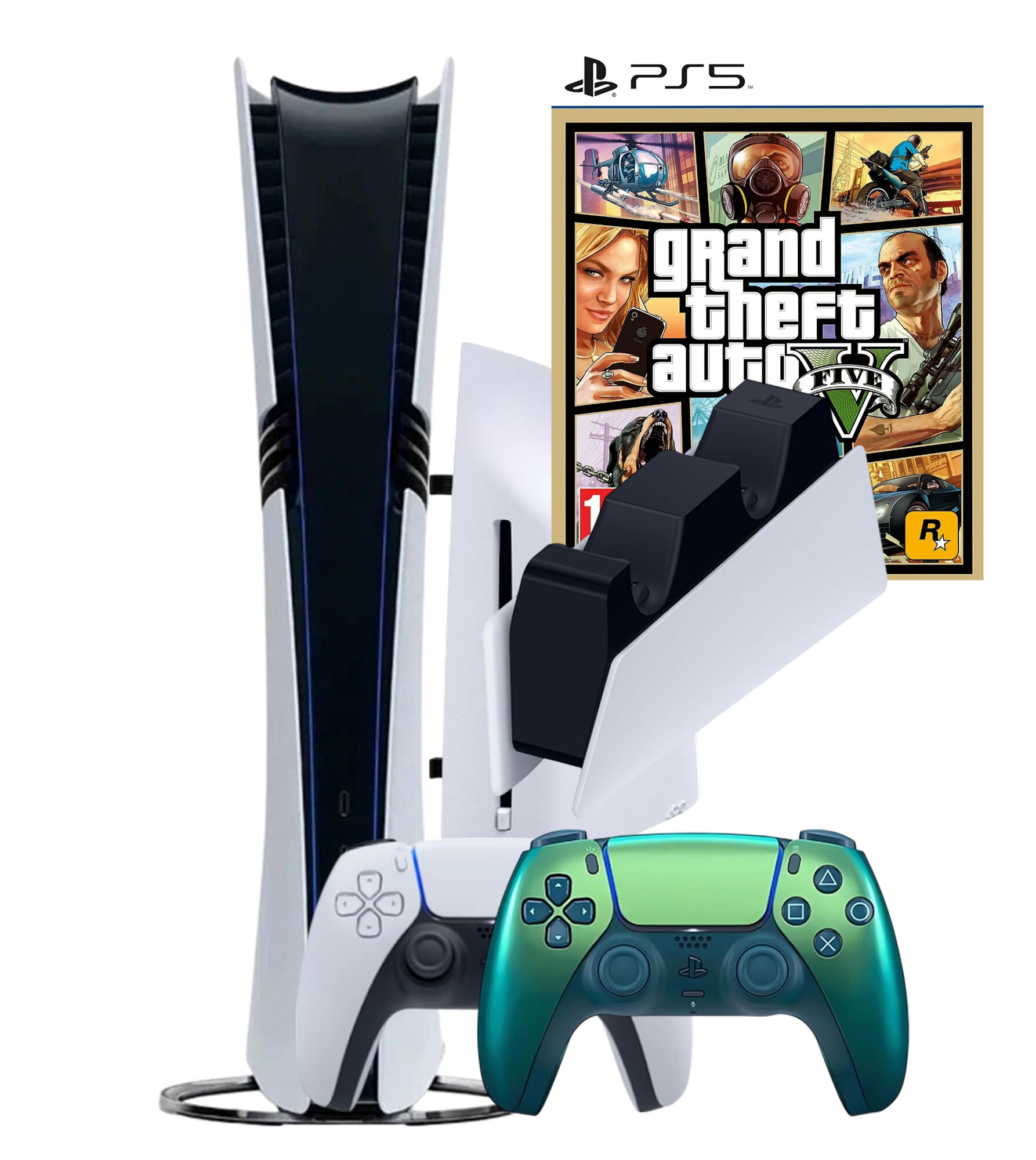 Игровая приставка PlayStation 5 Pro + 2й геймпад зеленый хром + игра GTA + станция зарядки + дисковод