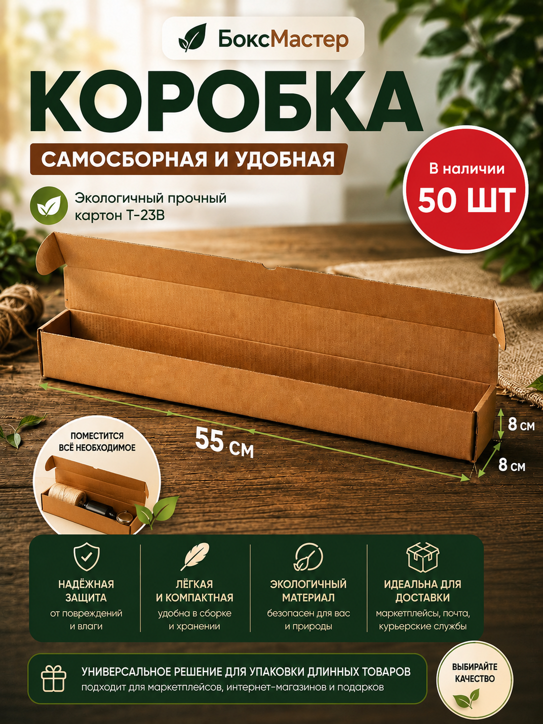 Коробка картонная самосборная упаковочная подарочная 55 x 8 x 8см 50 шт