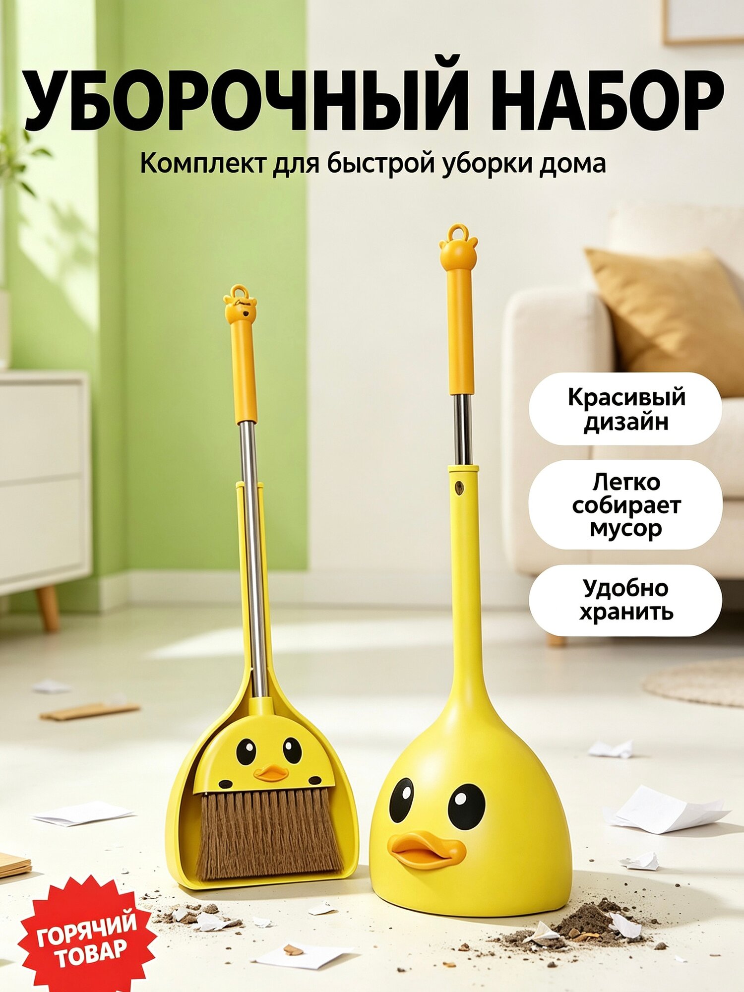 Набор для уборки "cute little yellow duck", щетка с совком, желтый, 59 см х 19 см