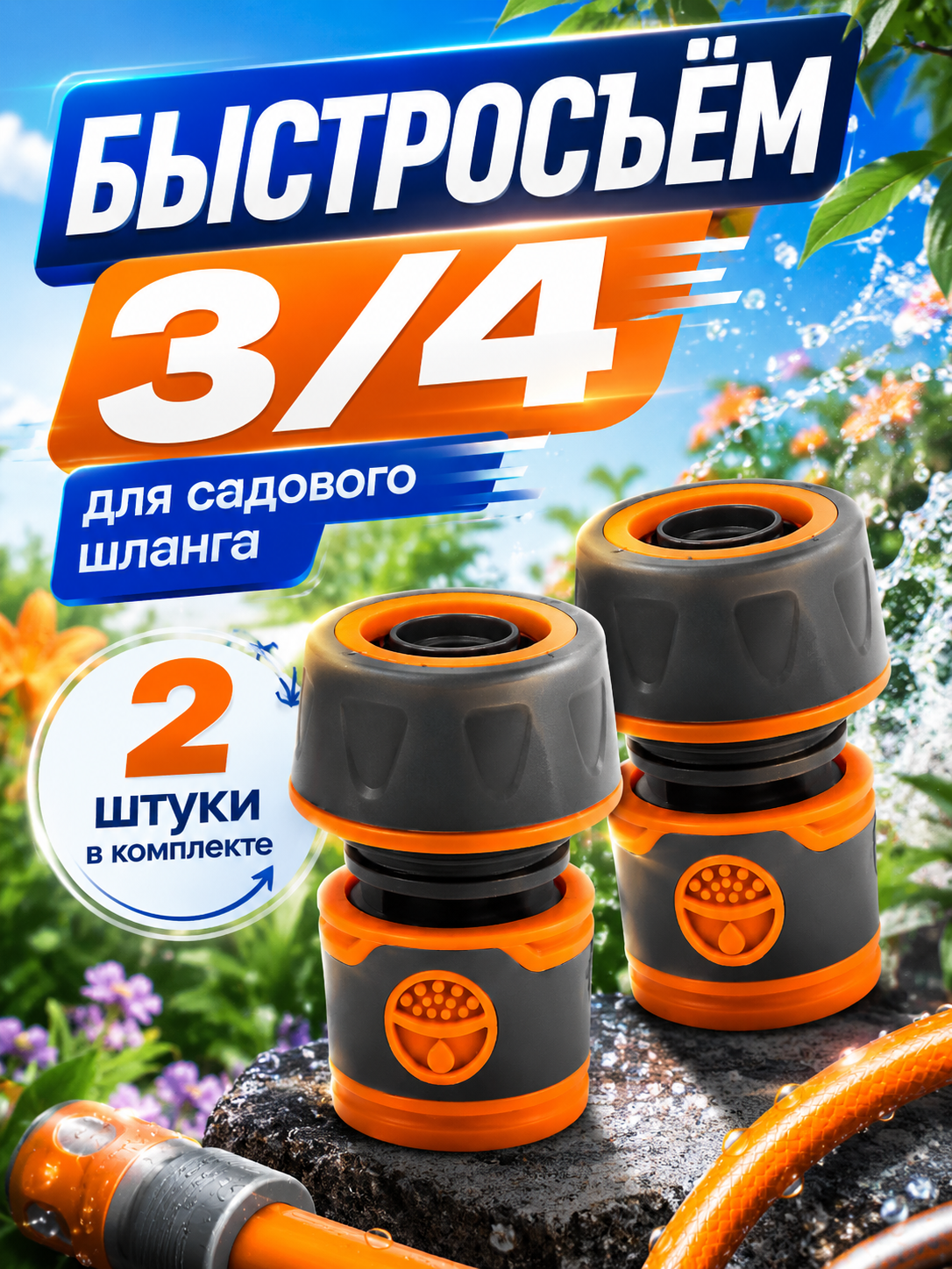 Коннектор для шланга быстросъемный 3/4 прорезиненный, комплект 2шт