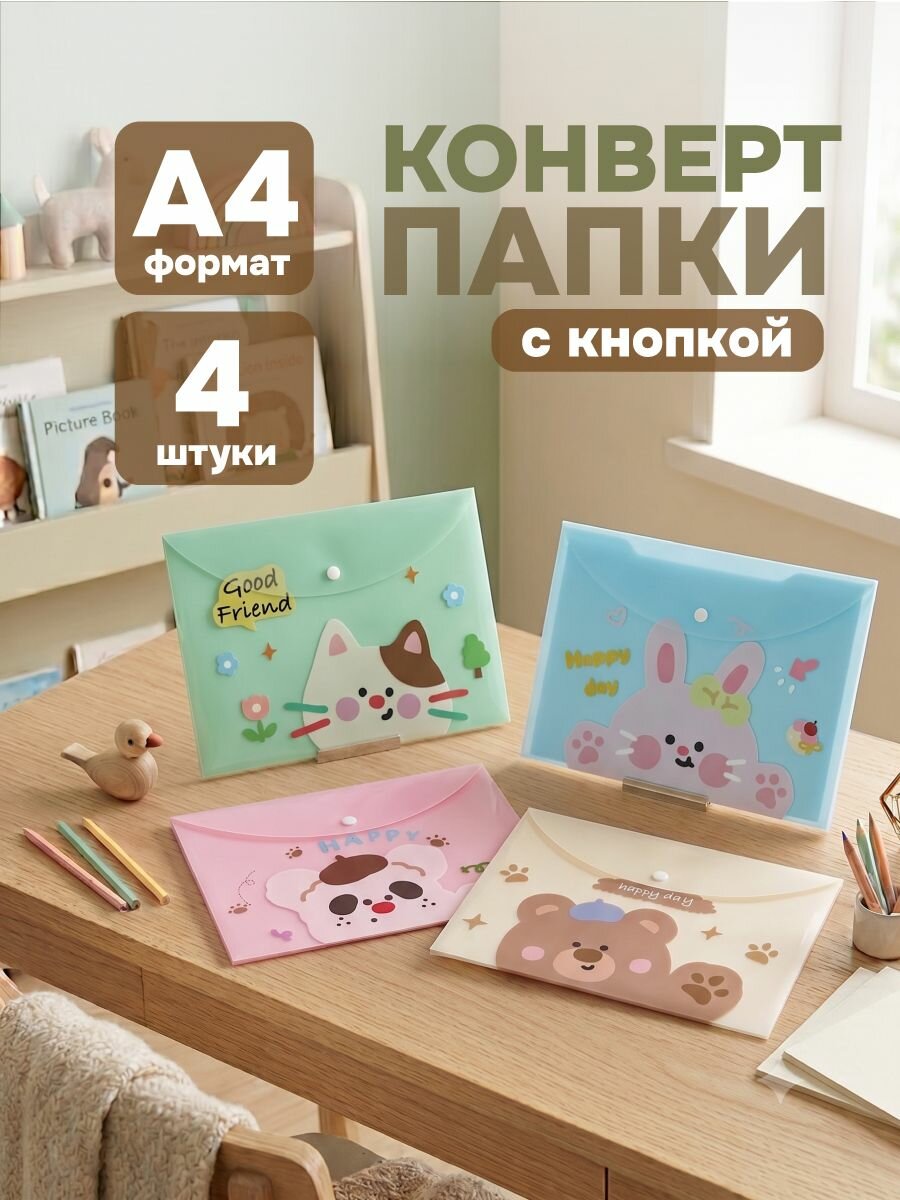 Папка-конверт на кнопке для документов и бумаг А4, набор 4 штук