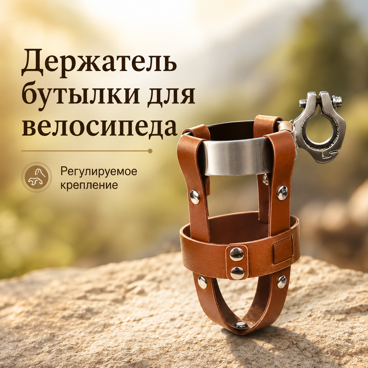 Держатель бутылки для велосипеда из двухслойной экокожи, регулируемый, светло-коричневый