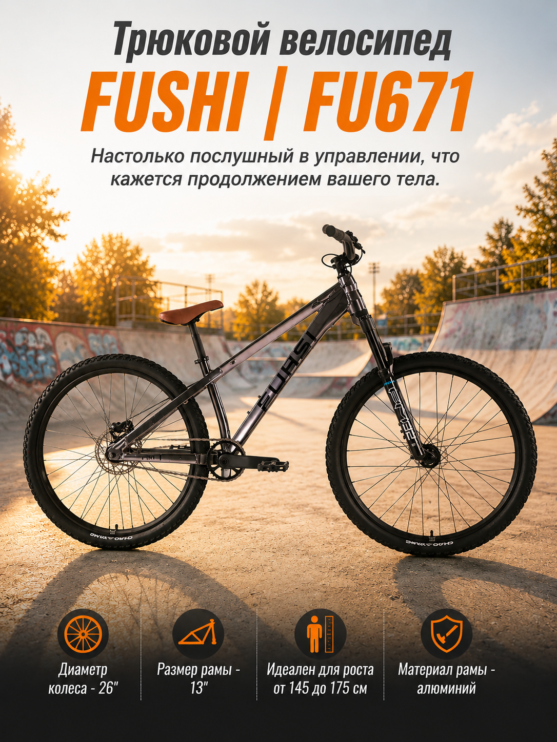 Трюковой Street/Dirt велосипед BREND FUHSI ORIGINAL FU671, диаметр колеса 26", рама алюминий, серый