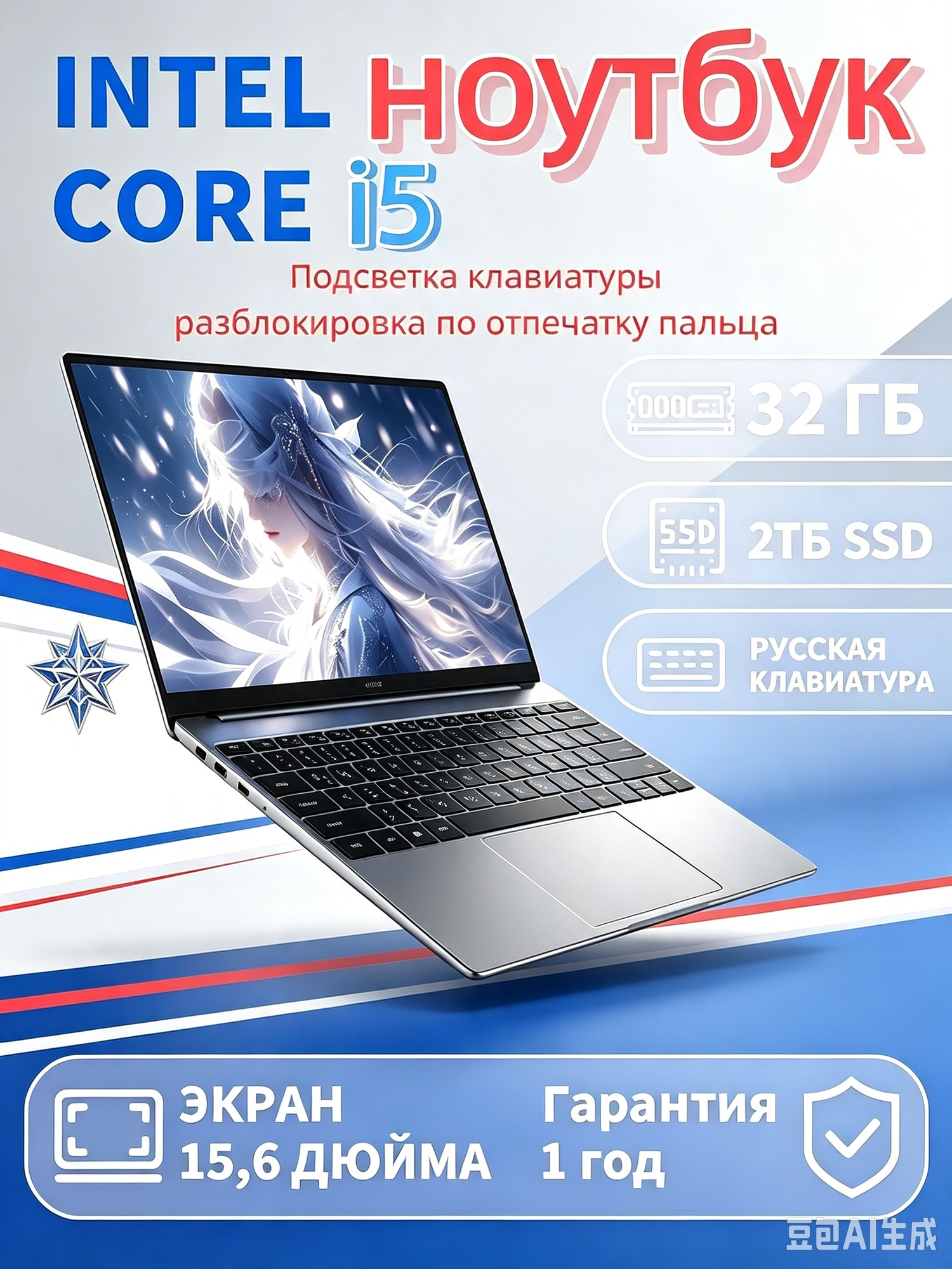 Ноутбук IPS 15.6", Intel Core i5, 8GB, SSD, 2TB, подсветка клавиатуры