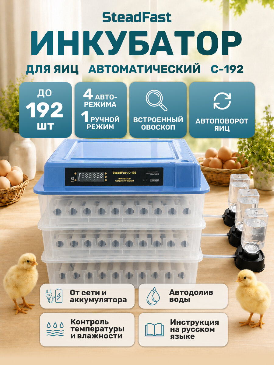 Инкубатор для яиц автоматический SteadFast С-192 на 192 яйца, автоповорот, овоскоп, автодолив воды, 220/12В