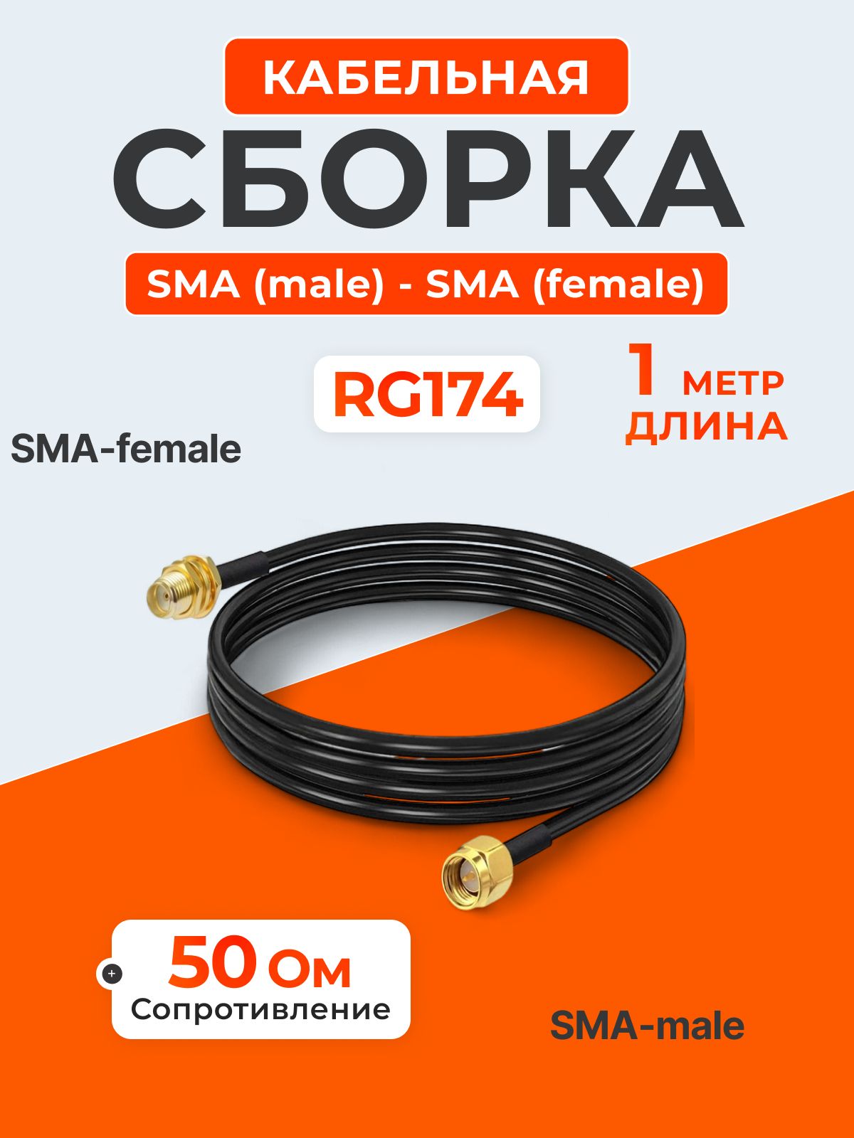 Кабельная сборка удлинитель SMA (male) - SMA (female) 1 метр кабель RG174