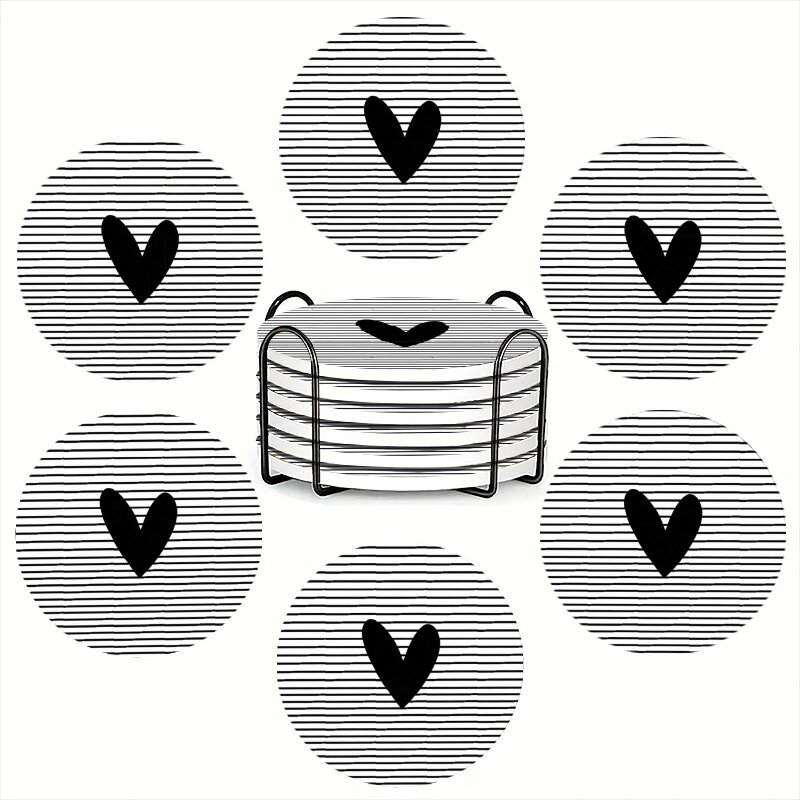 Керамические подстаканники круглые, набор из 6 шт, диаметр 10 см, с принтом «полосатое сердце», нескользящие, впитывающие, моющиеся вручную, для журнального столика и праздничного декора