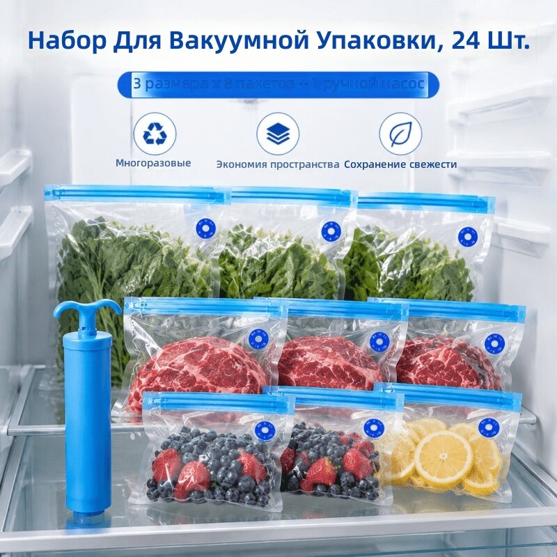 Набор из 24 синих многоразовых вакуумных пакетов для хранения продуктов, 3 размера (большой, средний, маленький), с ручным насосом