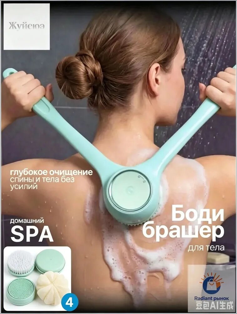 Бодибрашер для мытья тела на длинной ручке, мочалка-щетка для спины с 4 насадками, зеленый