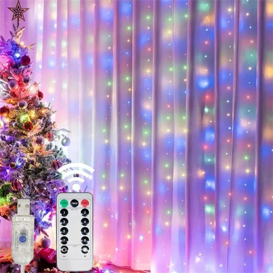 LED Гирлянда-штора PNMNON 100/200/300/600 светодиодов теплый Multicolor, 3x2M 200LEDs