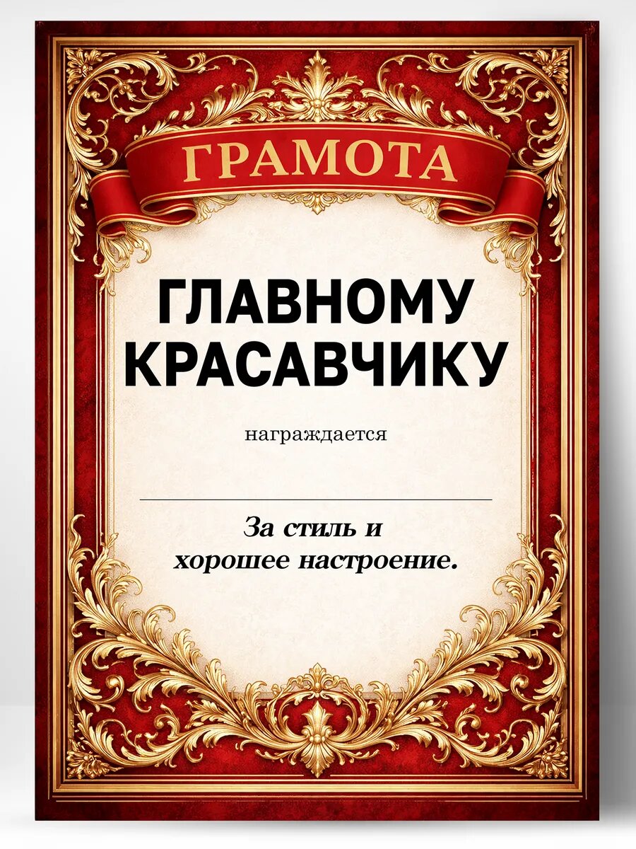Грамота диплом в подарок - Главному красавчику