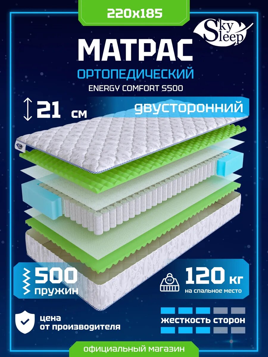 Матрас SkySleep Energy Comfort S500 на кровать 220x185 см двуспальный независимые пружины пенополиуретан