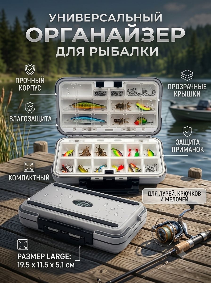 Рыболовная коробка для приманок, Waterproof Tackle Box, Органайзер для снастей рыбалки многосекционный, серый L, 1 шт.