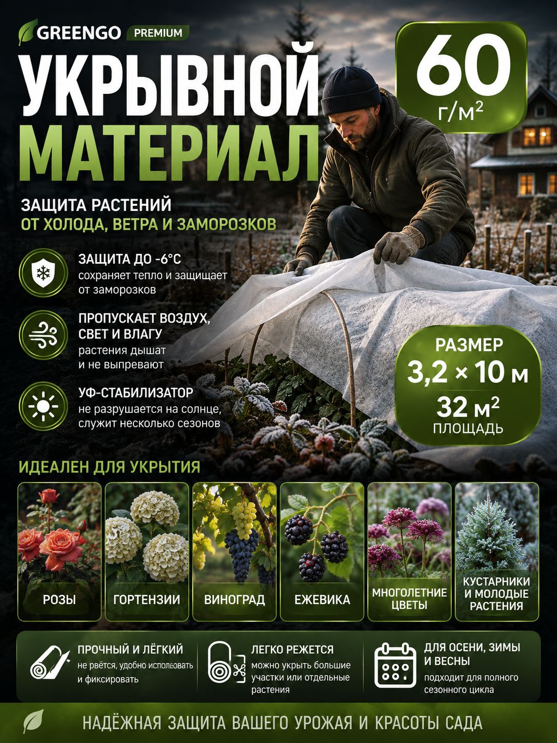 Укрывной материал для растений Greengo 10х3,2 м, спанбонд 60 г/м, белый, с УФ-стабилизатором, для укрытия на зиму