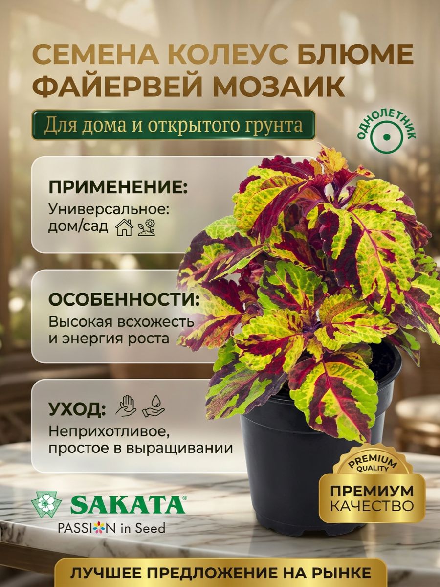 Семена цветов "Колеус Файервей Мозаик 4 шт. Саката" ,1 упаковка.