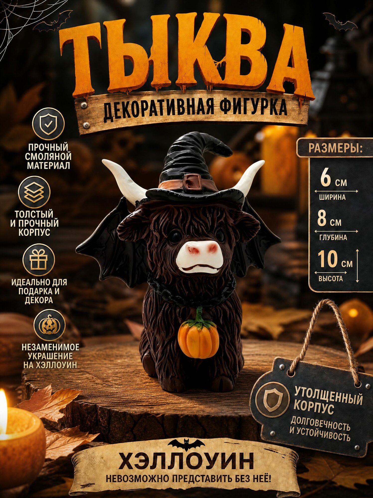 Декоративная фигурка тыквы на Хэллоуин из смолы