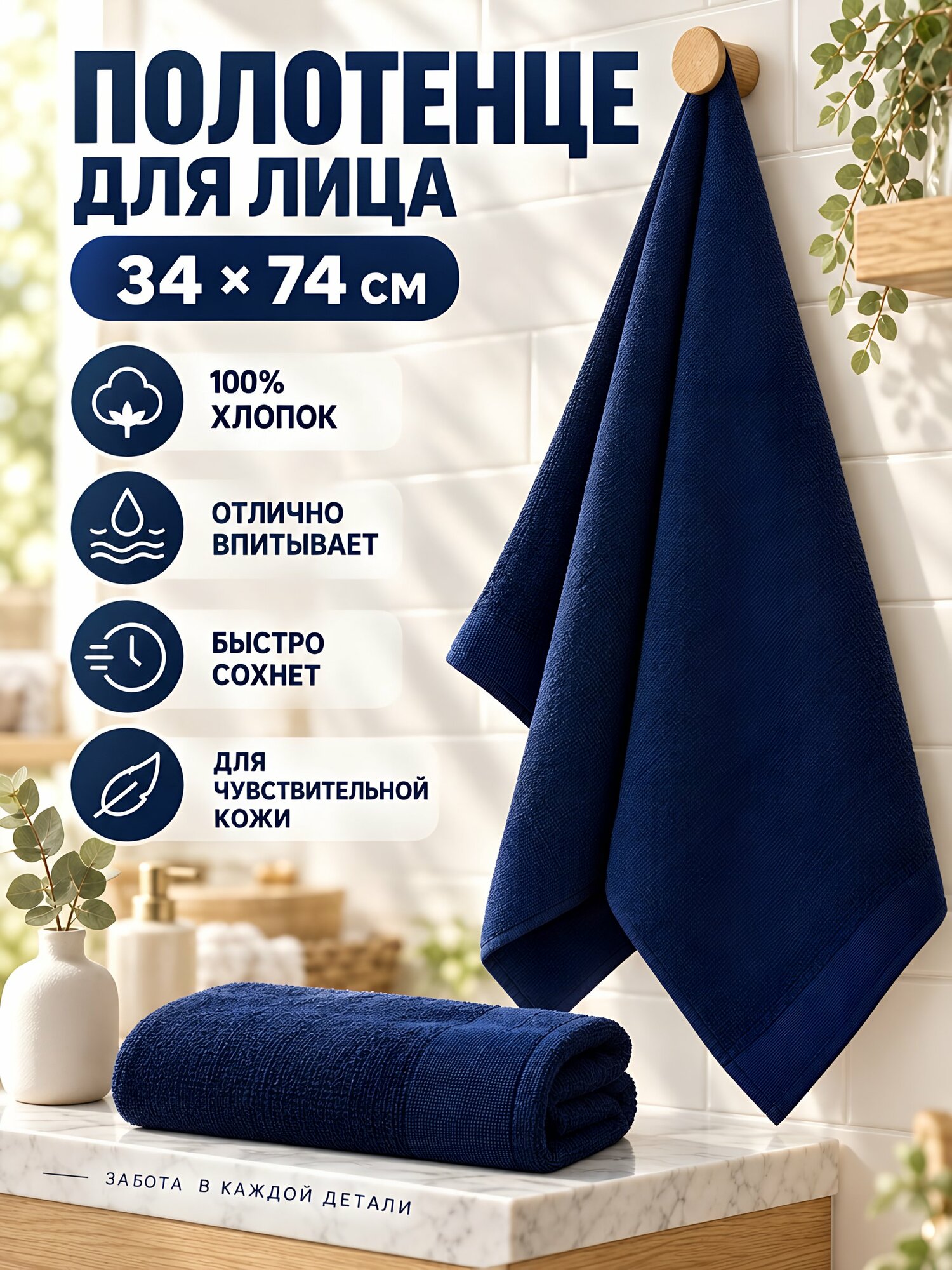 Полотенце для лица и рук 34х74 см, хлопок, синее, гладкое, модель «Лен»