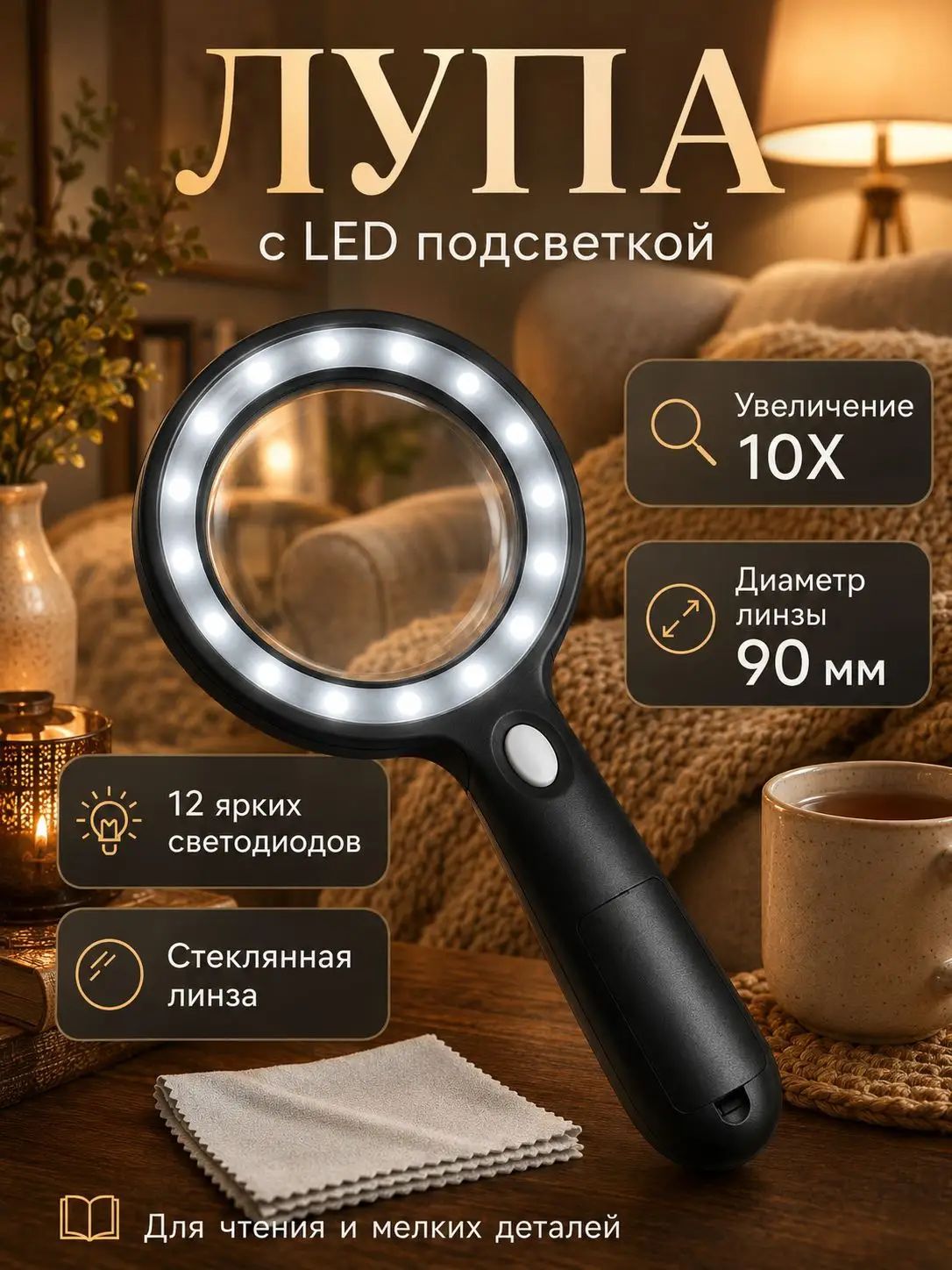 Современная незаменимая ручная лупа со светодиодной подсветкой 12 LED 10 x 90мм-ml