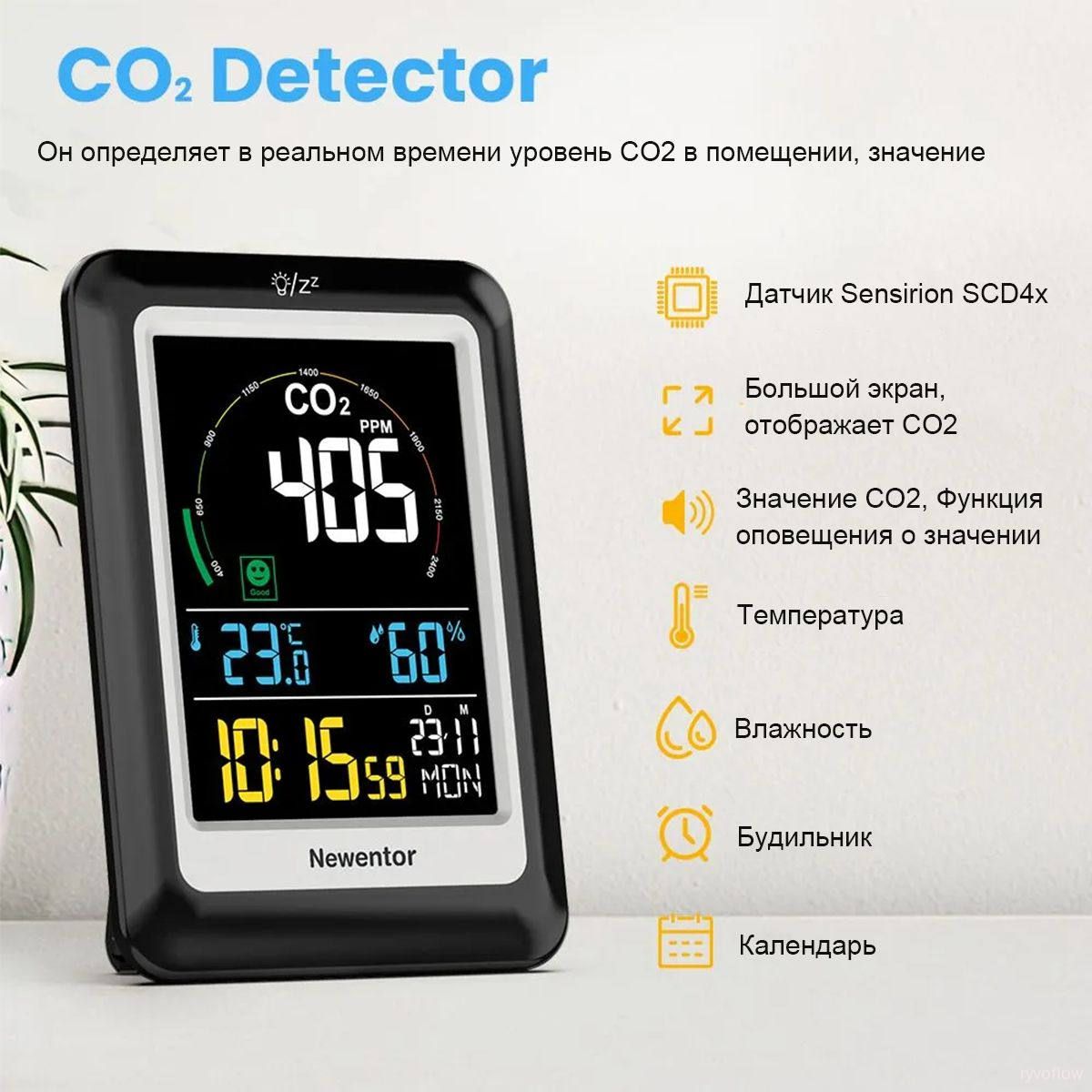 Монитор CO2 C1 с голосовым оповещением, детектор углекислого газа, измеритель качества воздуха, датчик температуры и влажности, будильник для дома