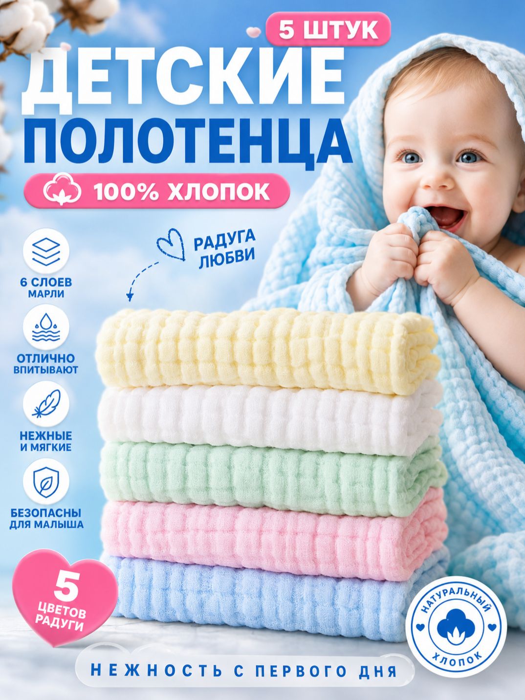 Полотенце детское, Хлопок, 25x25 см, белый, желтый, 5 шт.