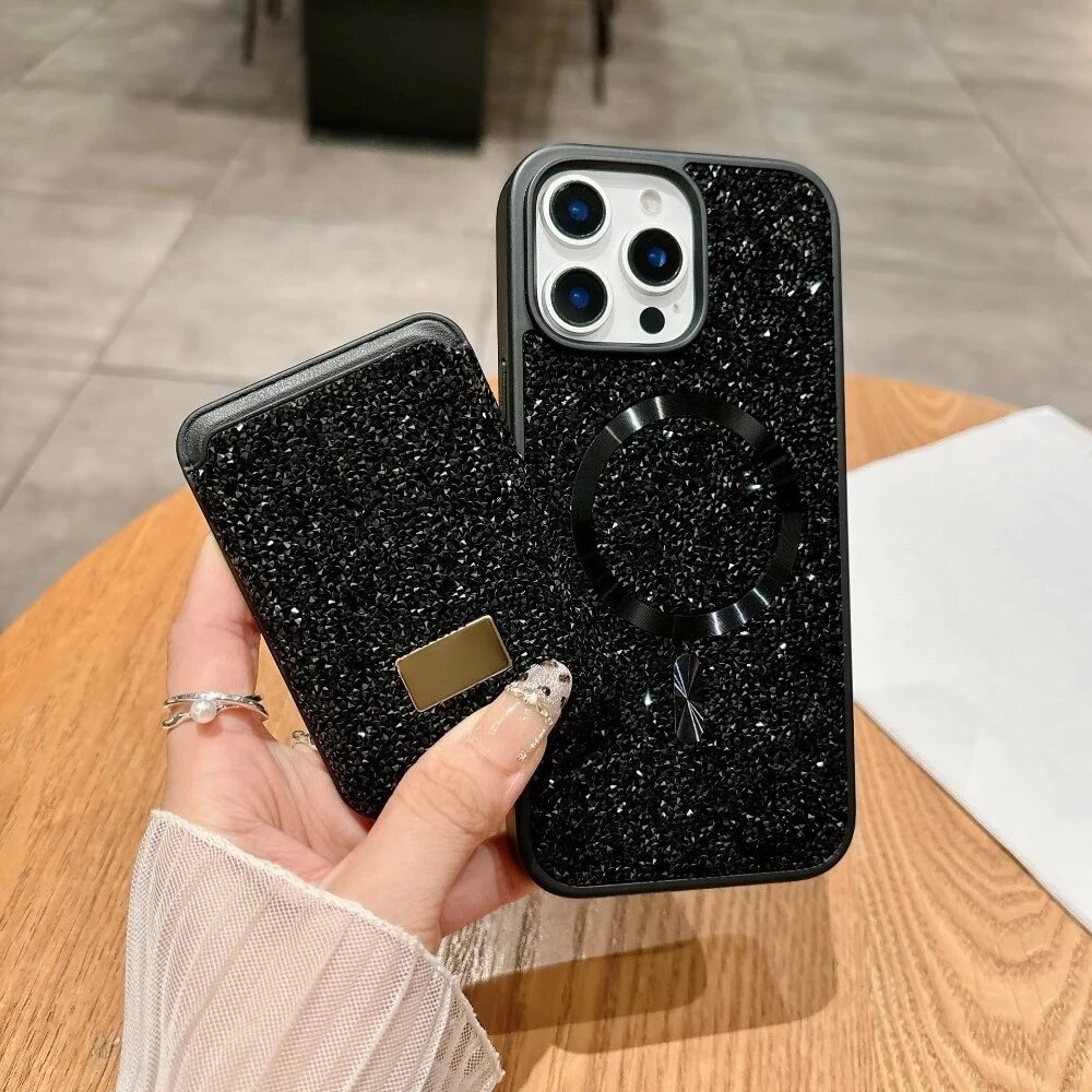 Модный Блестящий Магнитный Чехол-кошелек Со Стразами Для iPhone iPhone 15 Pro Max, Черный, black