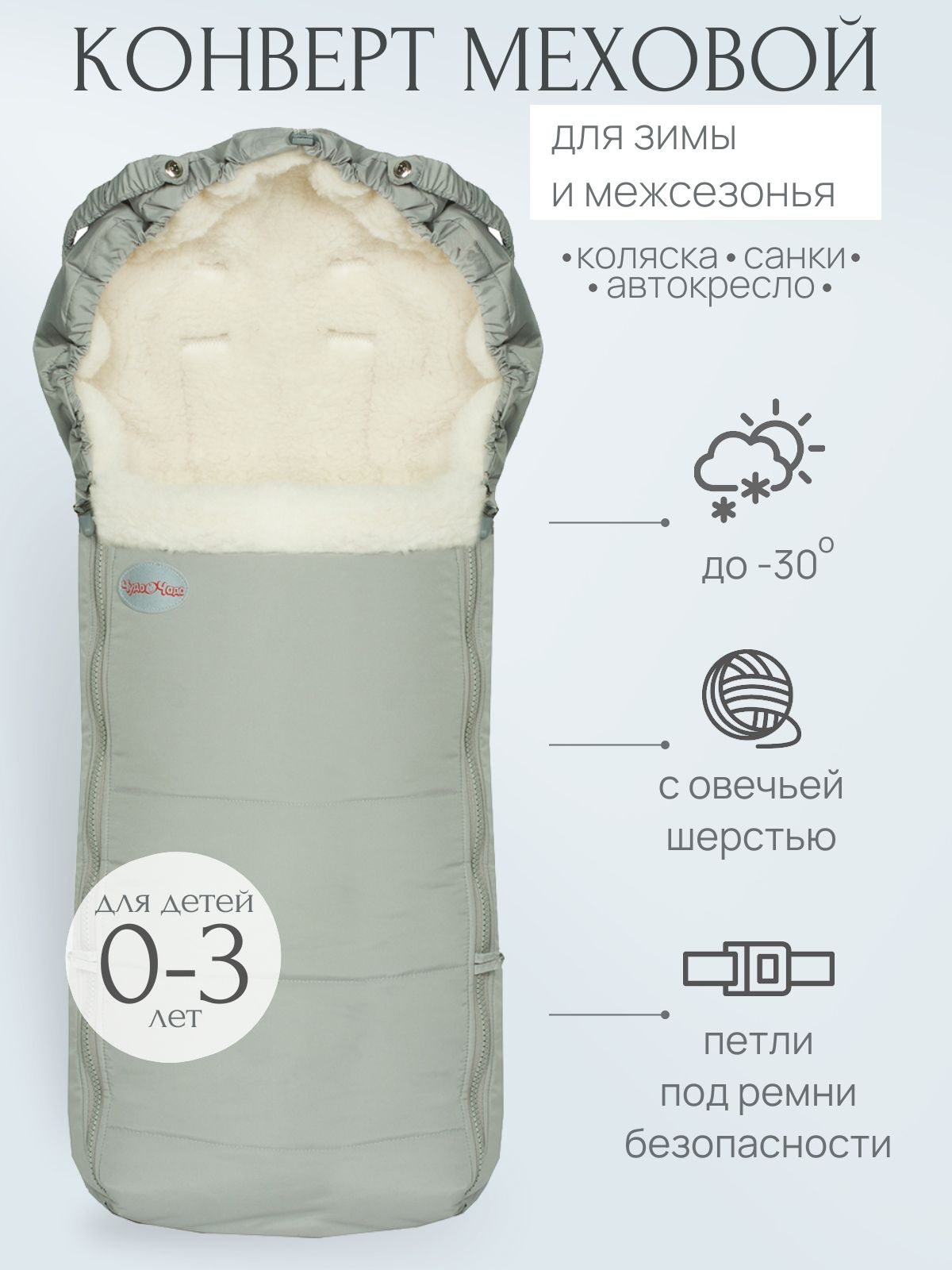 Конверт зимний меховой в коляску для новорожденного / новорожденных детей Чудо-чадо New Classic зима серый