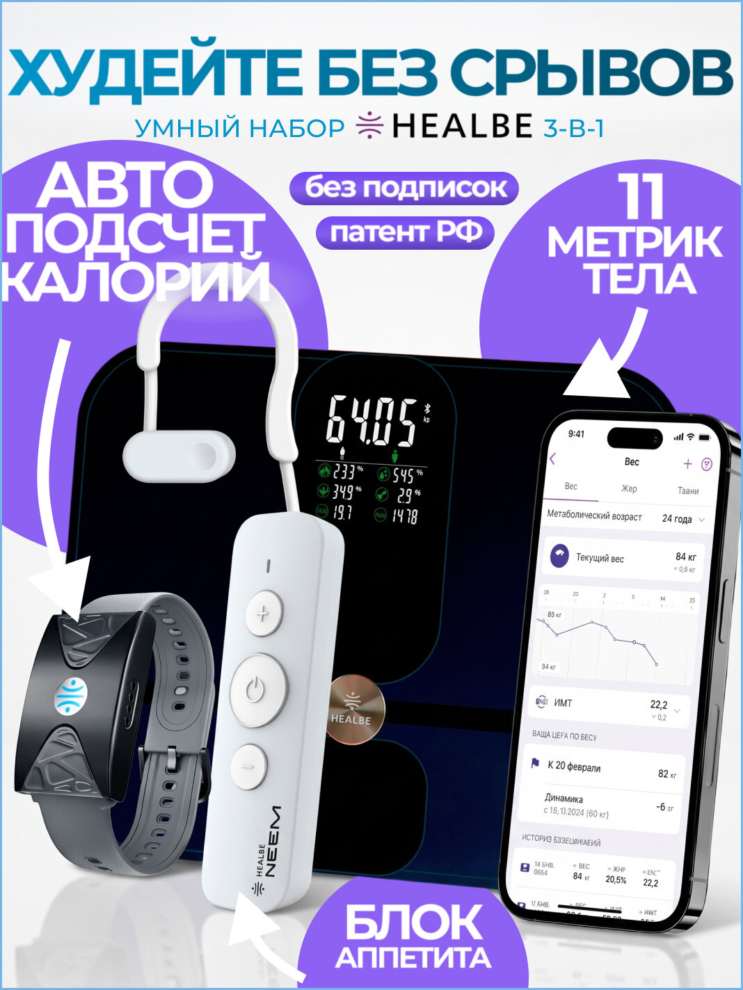 Набор смарт-устройств HEALBE Optimum Control 2 Plus фитнес-браслет с автоподсчетом калорий, нейростимулятор и умные весы