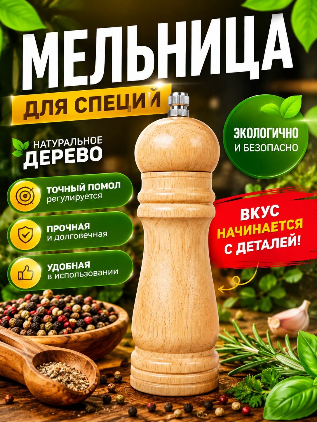 Мельница для специй из натурального дерева