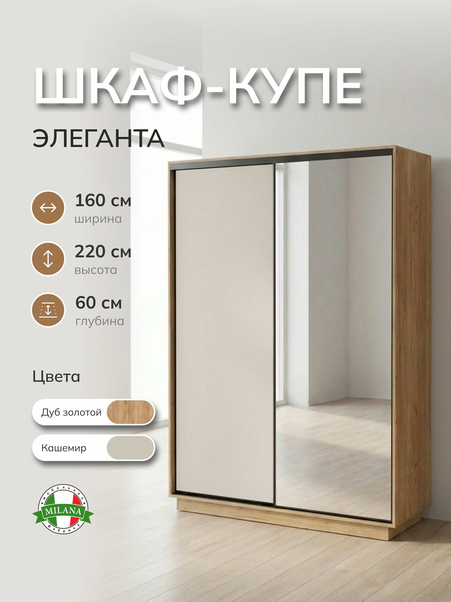 Шкаф-купе с зеркалом Элеганта, 2 двери, 160х60х220 см