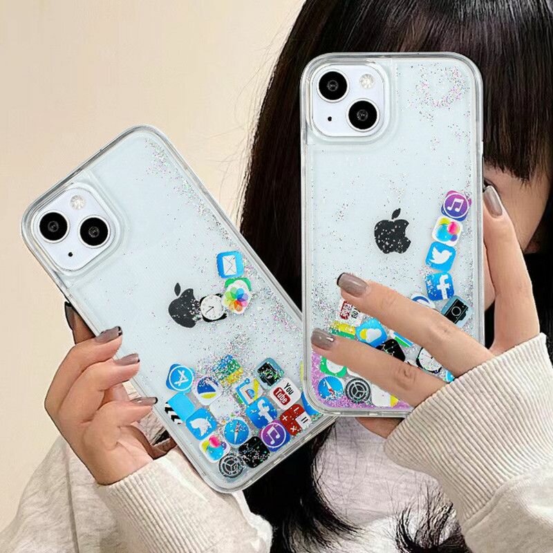 Жидкостный чехол с блестками для iPhone16, дизайн с иконками приложений