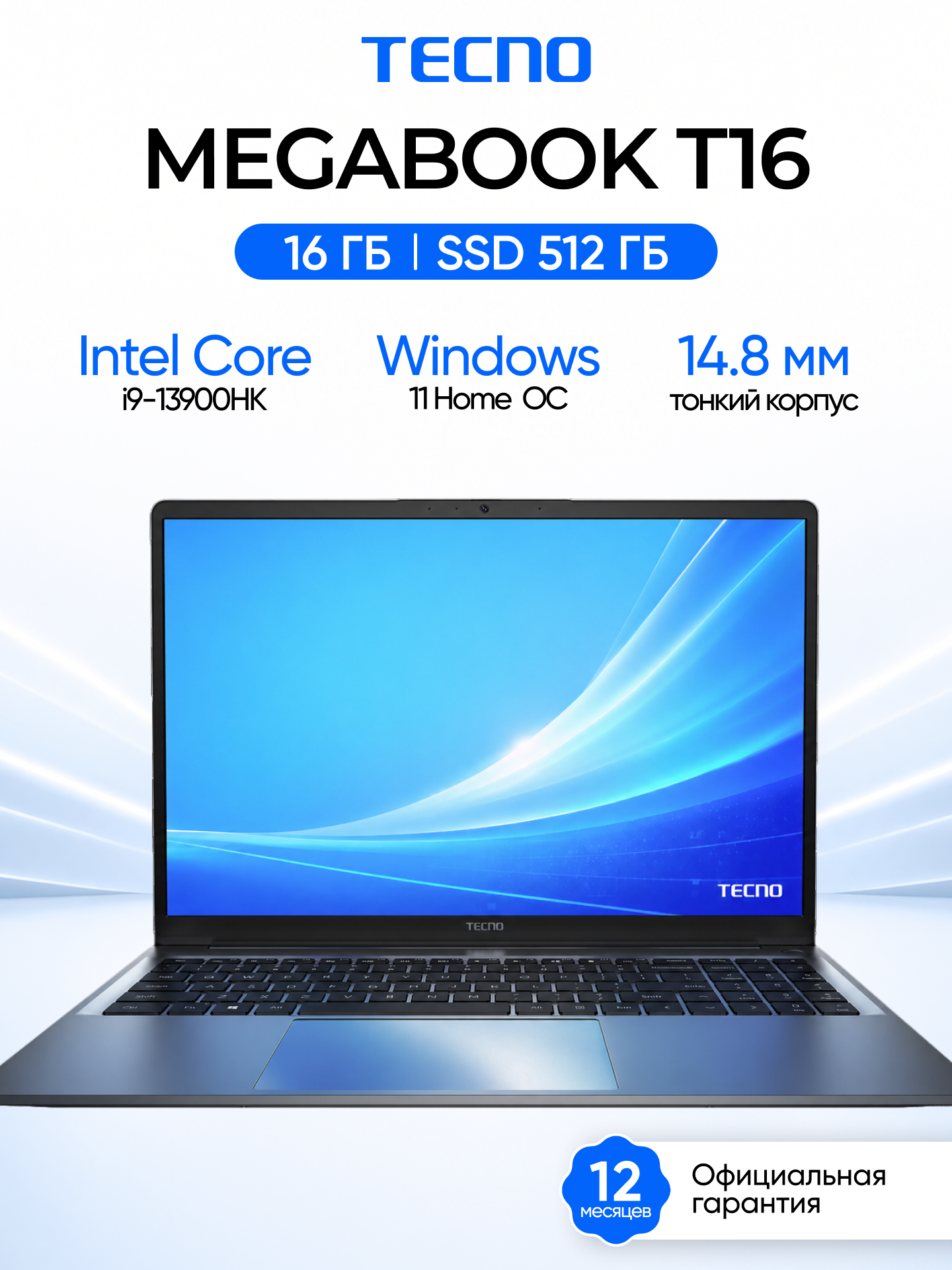Ноутбук TECNO T16RA, i9-13900H, SSD 16G+512GB, FullHD, Space Grey (серый)